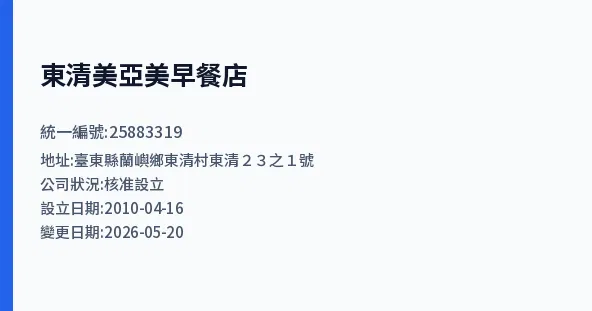 東清美亞美早餐店的照片-統編 25883319(臺東縣) 公司登記資料與營業項目詳細圖表