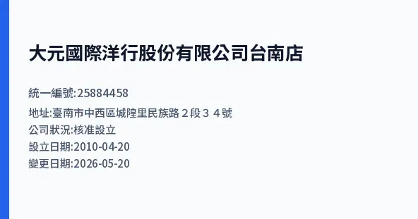 大元國際洋行股份有限公司台南店的照片-統編 25884458(臺南市) 公司登記資料與營業項目詳細圖表
