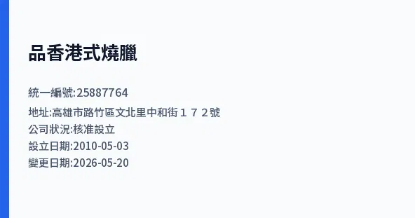 品香港式燒臘的照片-統編 25887764(高雄市) 公司登記資料與營業項目詳細圖表