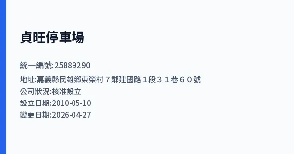 貞旺停車場的照片-統編 25889290(嘉義縣) 公司登記資料與營業項目詳細圖表