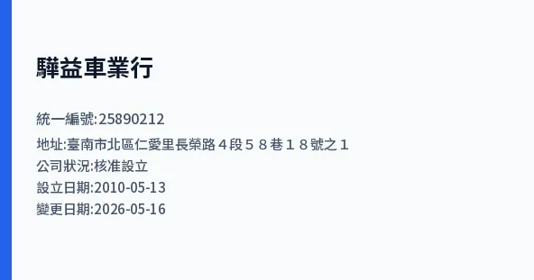 驊益車業行的照片-統編 25890212(臺南市) 公司登記資料與營業項目詳細圖表