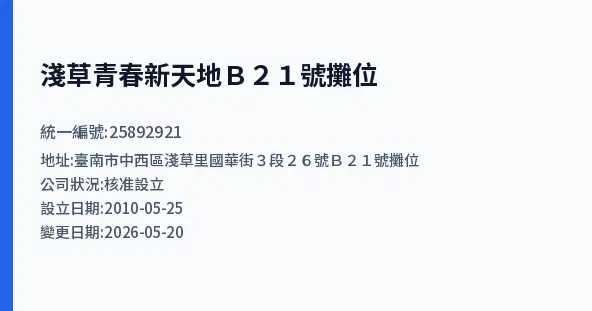 淺草青春新天地B21號攤位的照片-統編 25892921(臺南市) 公司登記資料與營業項目詳細圖表