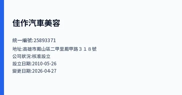 佳作汽車美容的照片-統編 25893371(高雄市) 公司登記資料與營業項目詳細圖表