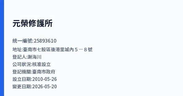元榮修護所的照片-統編 25893610(臺南市) 公司登記資料與營業項目詳細圖表