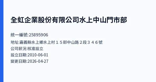 全虹企業股份有限公司水上中山門市部的照片-統編 25895906(嘉義縣) 公司登記資料與營業項目詳細圖表