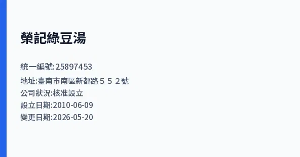 榮記綠豆湯的照片-統編 25897453(臺南市) 公司登記資料與營業項目詳細圖表