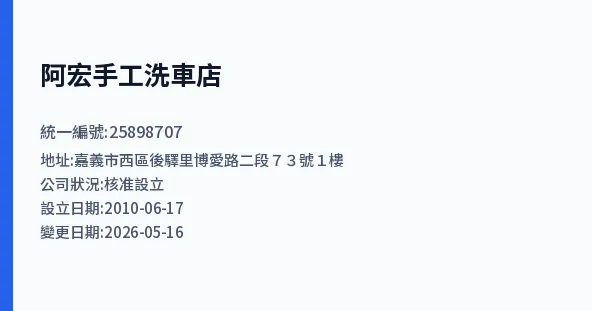 阿宏手工洗車店的照片-統編 25898707(嘉義市) 公司登記資料與營業項目詳細圖表