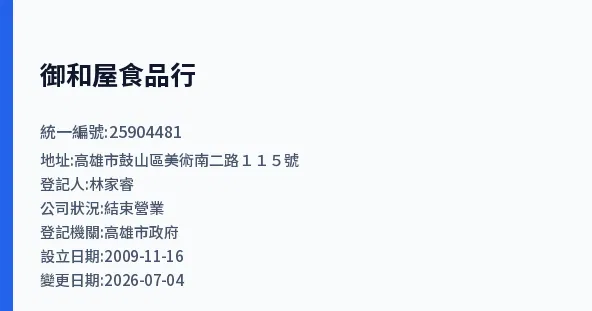 御和屋食品行的照片-統編 25904481(高雄市) 公司登記資料與營業項目詳細圖表