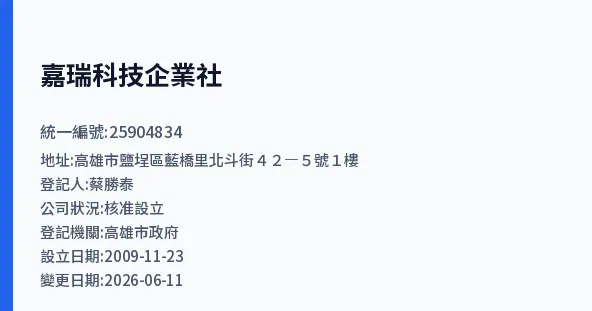 嘉瑞科技企業社的照片-統編 25904834(高雄市) 公司登記資料與營業項目詳細圖表