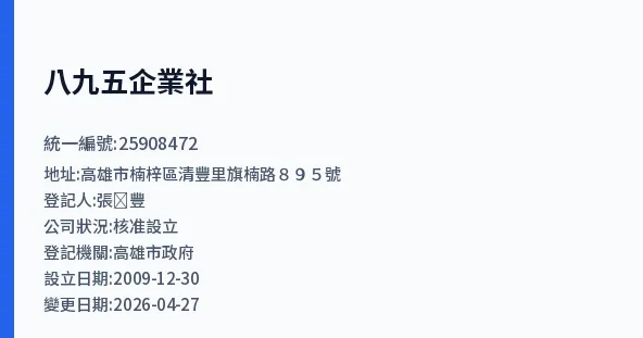 八九五企業社的照片-統編 25908472(高雄市) 公司登記資料與營業項目詳細圖表