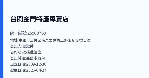 台閩金門特產專賣店的照片-統編 25908753(高雄市) 公司登記資料與營業項目詳細圖表