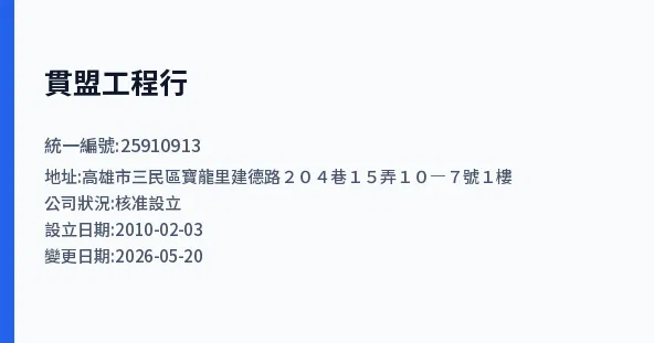 貫盟工程行的照片-統編 25910913(高雄市) 公司登記資料與營業項目詳細圖表