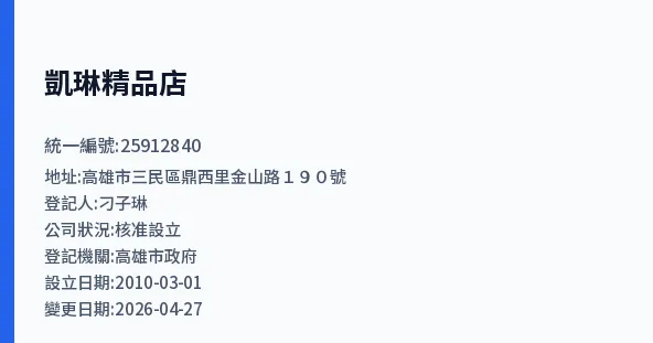 凱琳精品店的照片-統編 25912840(高雄市) 公司登記資料與營業項目詳細圖表