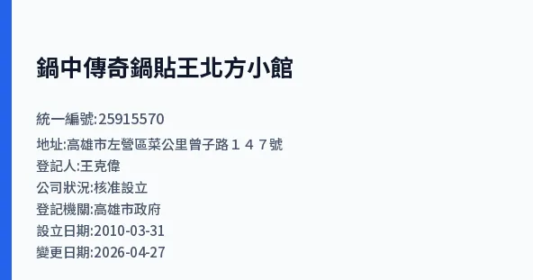 鍋中傳奇鍋貼王北方小館的照片-統編 25915570(高雄市) 公司登記資料與營業項目詳細圖表