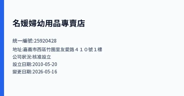 名媛婦幼用品專賣店的照片-統編 25920428(嘉義市) 公司登記資料與營業項目詳細圖表