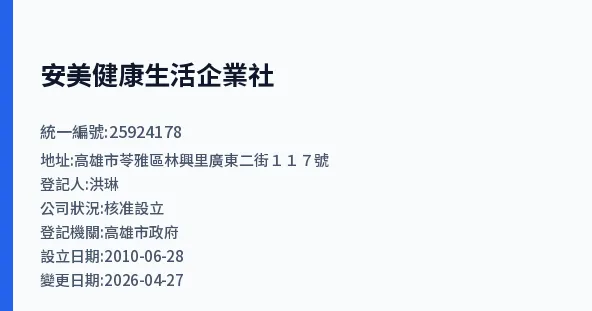 安美健康生活企業社的照片-統編 25924178(高雄市) 公司登記資料與營業項目詳細圖表
