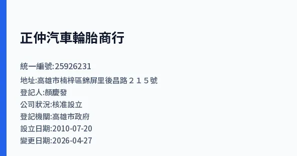 正仲汽車輪胎商行的照片-統編 25926231(高雄市) 公司登記資料與營業項目詳細圖表