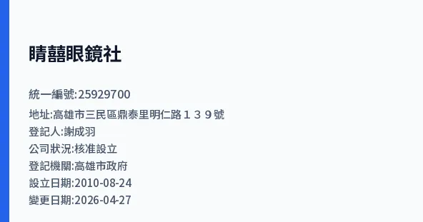 睛囍眼鏡社的照片-統編 25929700(高雄市) 公司登記資料與營業項目詳細圖表