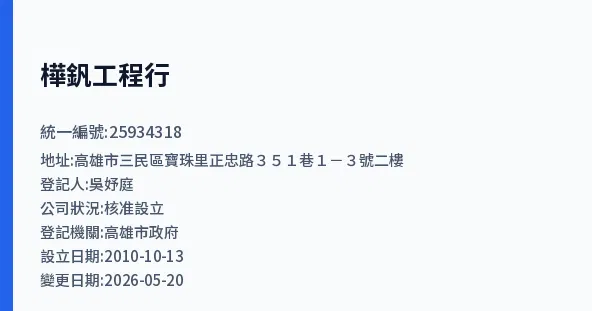 樺釩工程行的照片-統編 25934318(高雄市) 公司登記資料與營業項目詳細圖表