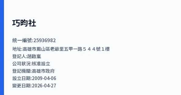 巧昀社的照片-統編 25936982(高雄市) 公司登記資料與營業項目詳細圖表