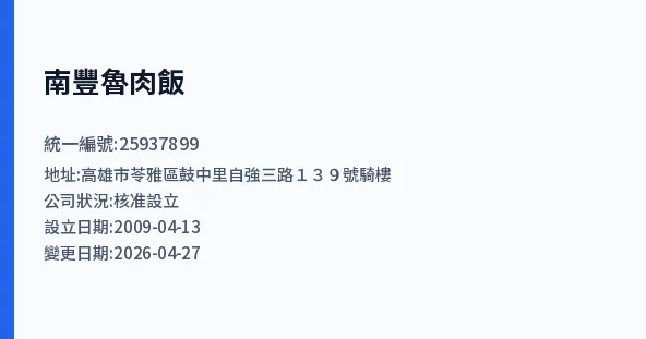 南豐魯肉飯的照片-統編 25937899(高雄市) 公司登記資料與營業項目詳細圖表