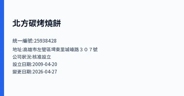 北方碳烤燒餅的照片-統編 25938428(高雄市) 公司登記資料與營業項目詳細圖表