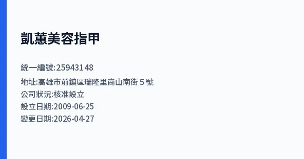 凱蕙美容指甲的照片-統編 25943148(高雄市) 公司登記資料與營業項目詳細圖表