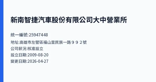 新南智捷汽車股份有限公司大中營業所的照片-統編 25947448(高雄市) 公司登記資料與營業項目詳細圖表