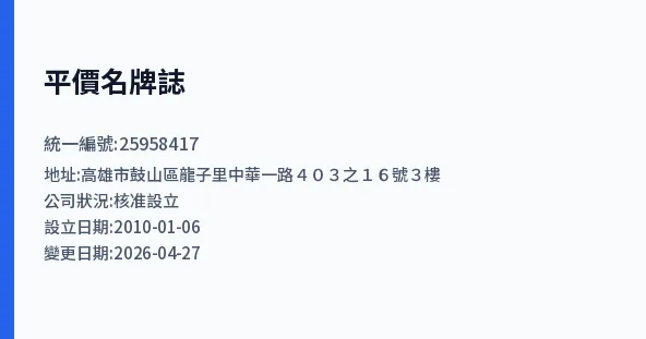 平價名牌誌的照片-統編 25958417(高雄市) 公司登記資料與營業項目詳細圖表