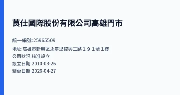 莨仕國際股份有限公司高雄門市的照片-統編 25965509(高雄市) 公司登記資料與營業項目詳細圖表