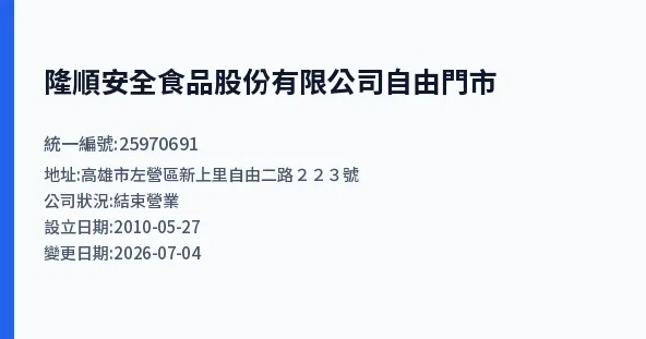 隆順安全食品股份有限公司自由門市的照片-統編 25970691(高雄市) 公司登記資料與營業項目詳細圖表