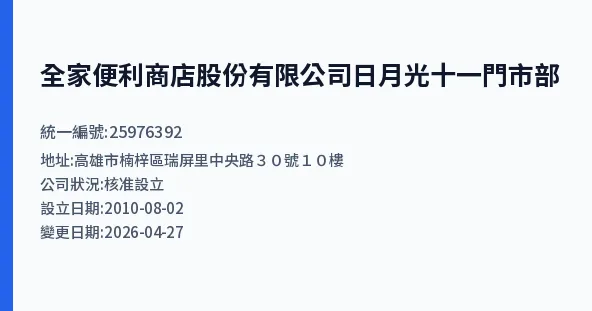 全家便利商店股份有限公司日月光十一門市部的照片-統編 25976392(高雄市) 公司登記資料與營業項目詳細圖表