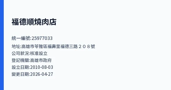 福德順燒肉店的照片-統編 25977033(高雄市) 公司登記資料與營業項目詳細圖表
