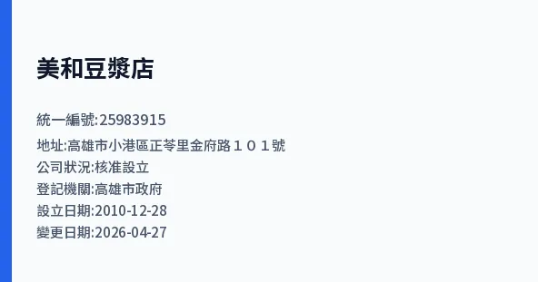 美和豆漿店的照片-統編 25983915(高雄市) 公司登記資料與營業項目詳細圖表