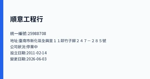 順意工程行的照片-統編 25988708(臺南市) 公司登記資料與營業項目詳細圖表