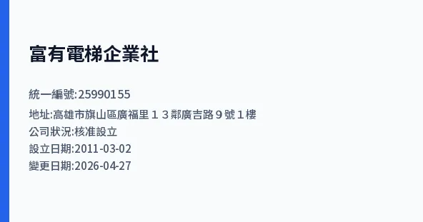 富有電梯企業社的照片-統編 25990155(高雄市) 公司登記資料與營業項目詳細圖表