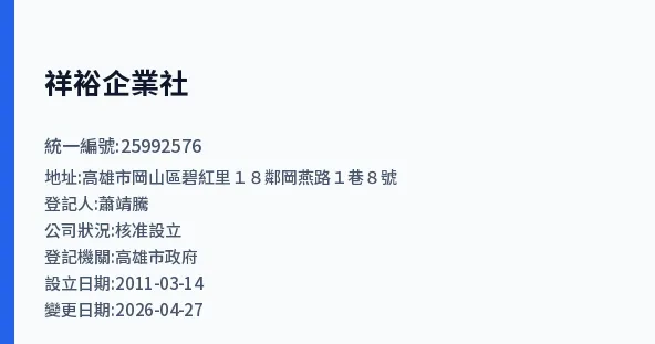 祥裕企業社的照片-統編 25992576(高雄市) 公司登記資料與營業項目詳細圖表