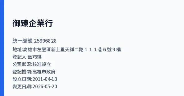 御臻企業行的照片-統編 25996828(高雄市) 公司登記資料與營業項目詳細圖表