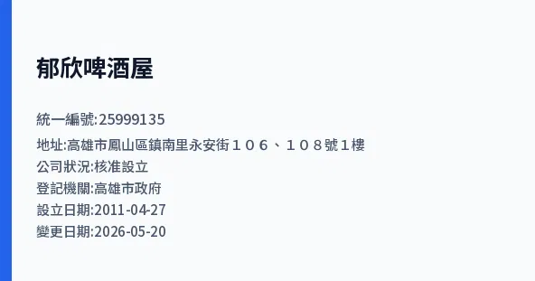 郁欣啤酒屋的照片-統編 25999135(高雄市) 公司登記資料與營業項目詳細圖表