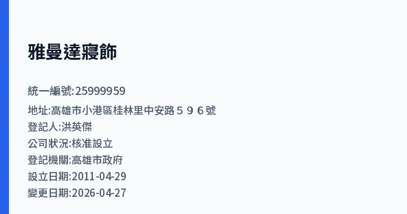 雅曼達寢飾的照片-統編 25999959(高雄市) 公司登記資料與營業項目詳細圖表