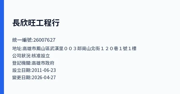 長欣旺工程行的照片-統編 26007627(高雄市) 公司登記資料與營業項目詳細圖表