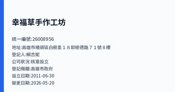 幸福草手作工坊的照片-統編 26008956(高雄市) 公司登記資料與營業項目詳細圖表