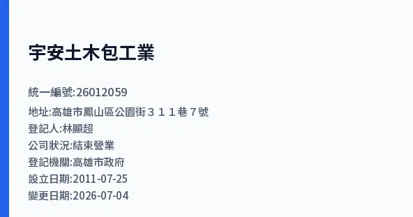 宇安土木包工業的照片-統編 26012059(高雄市) 公司登記資料與營業項目詳細圖表