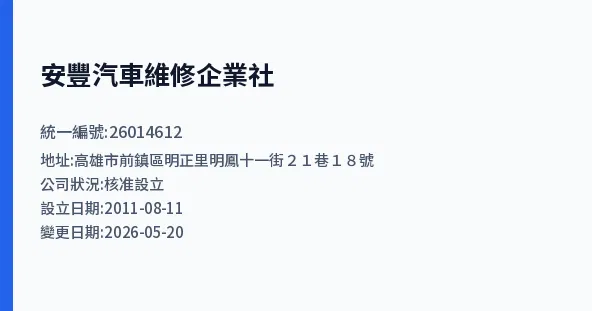 安豐汽車維修企業社的照片-統編 26014612(高雄市) 公司登記資料與營業項目詳細圖表