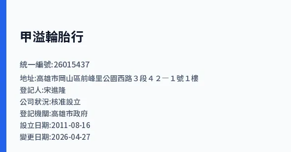 甲溢輪胎行的照片-統編 26015437(高雄市) 公司登記資料與營業項目詳細圖表