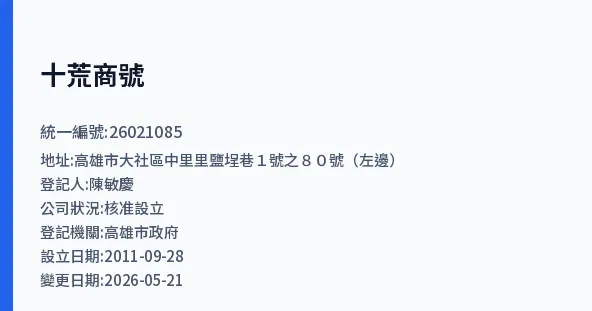 十荒商號的照片-統編 26021085(高雄市) 公司登記資料與營業項目詳細圖表