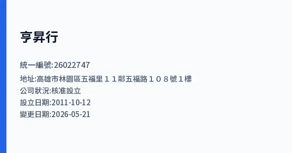 亨昇行的照片-統編 26022747(高雄市) 公司登記資料與營業項目詳細圖表