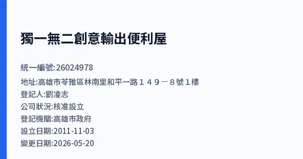 獨一無二創意輸出便利屋的照片-統編 26024978(高雄市) 公司登記資料與營業項目詳細圖表