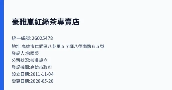 豪雅嵐紅綠茶專賣店的照片-統編 26025478(高雄市) 公司登記資料與營業項目詳細圖表