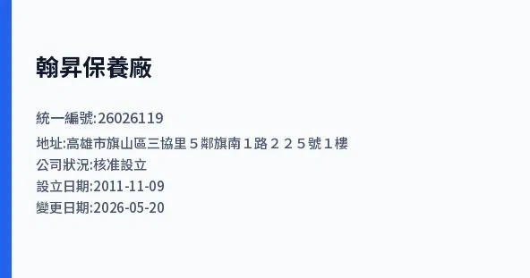 翰昇保養廠的照片-統編 26026119(高雄市) 公司登記資料與營業項目詳細圖表